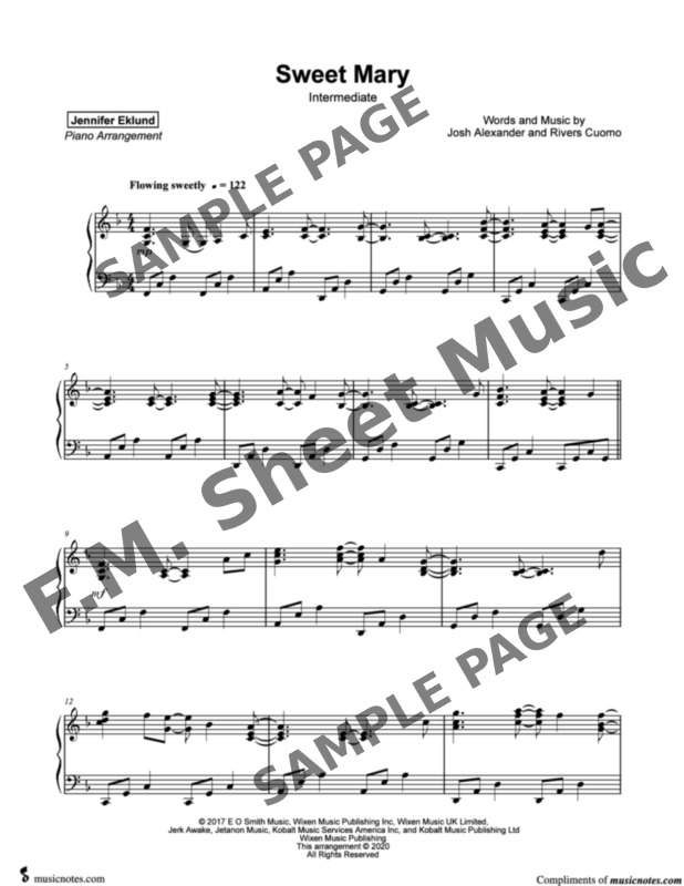 Sweet Mary (Intermediate Piano) By Weezer - F.M. Sheet Music - Pop Arrangements by Jennifer Eklund